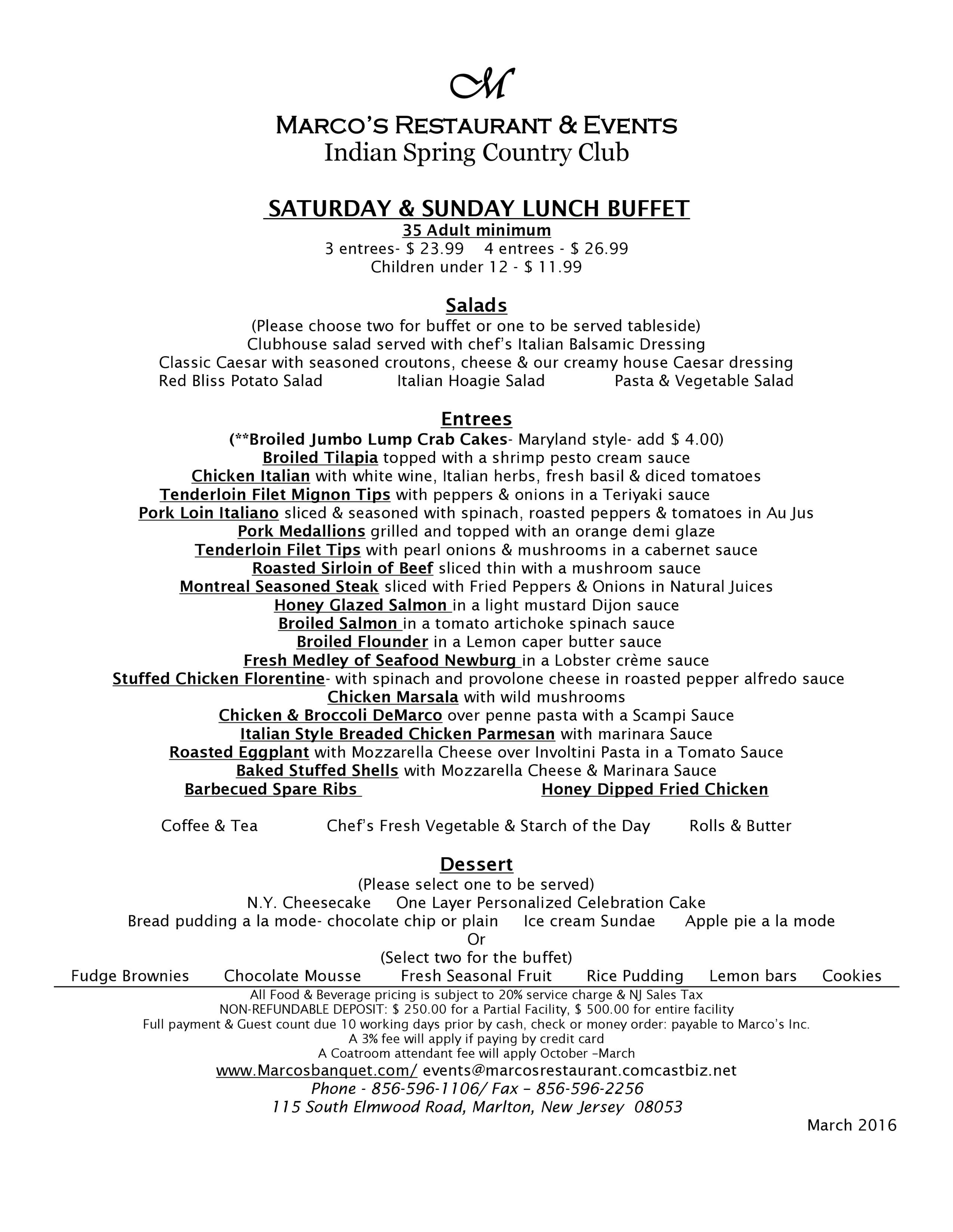 Saturday & Sunday Lunch Buffet Menu - Marco's Restaurant & Events