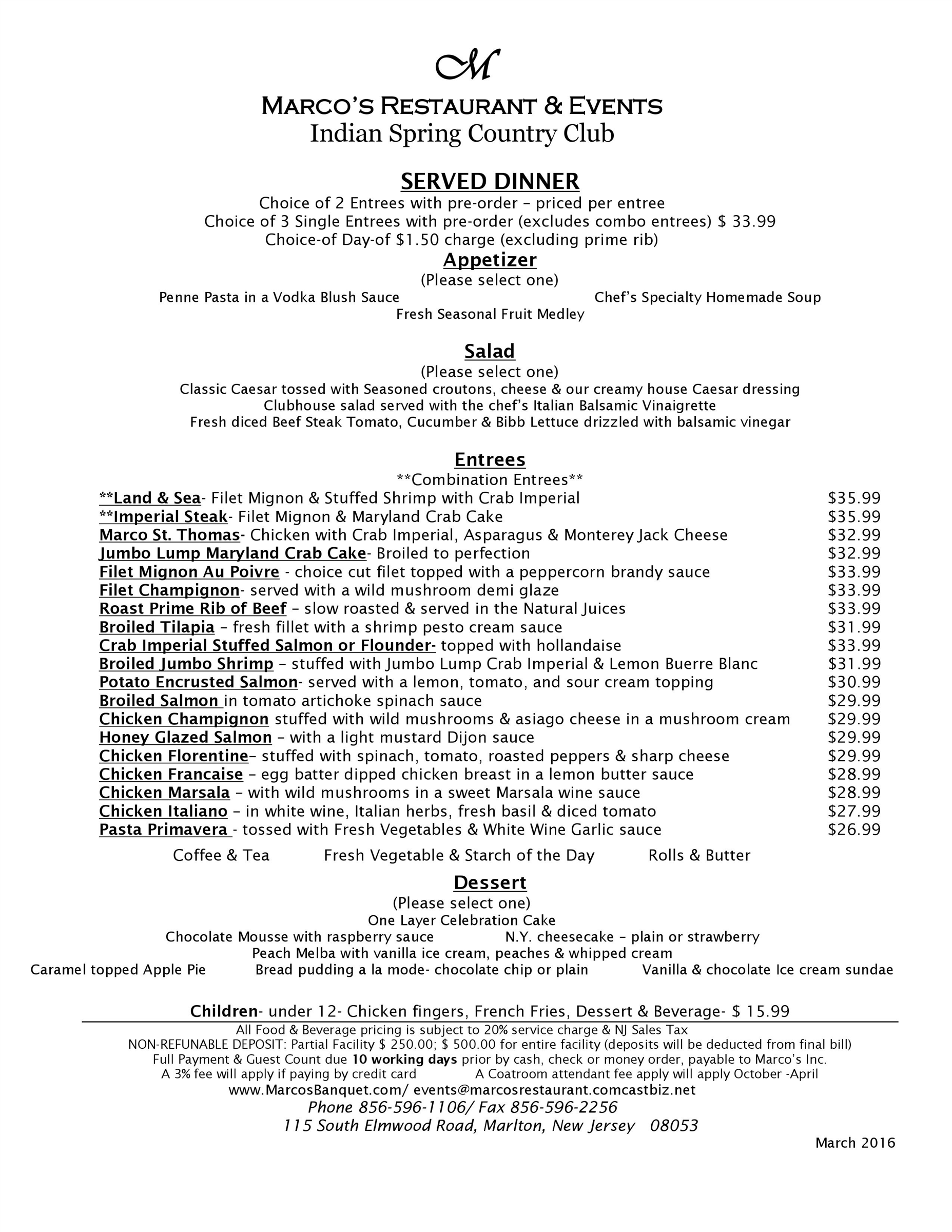 Served Dinner Menu - Marco's Restaurant & Events