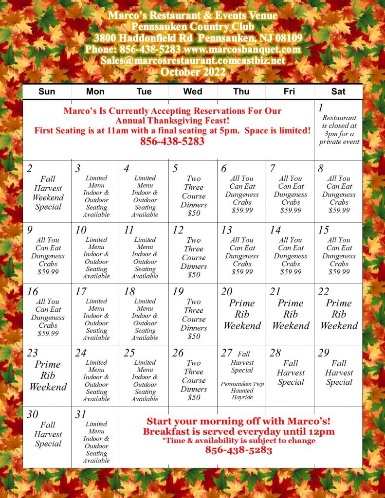Restaurant Calendars – Marco's Restaurant & Events