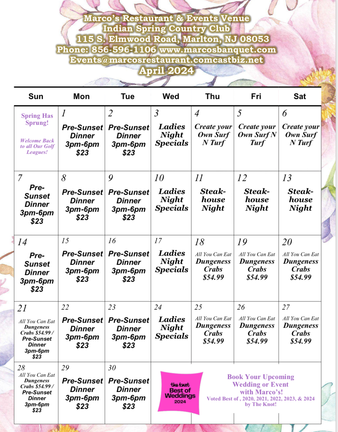 Restaurant Calendars - Marco's Restaurant & Events