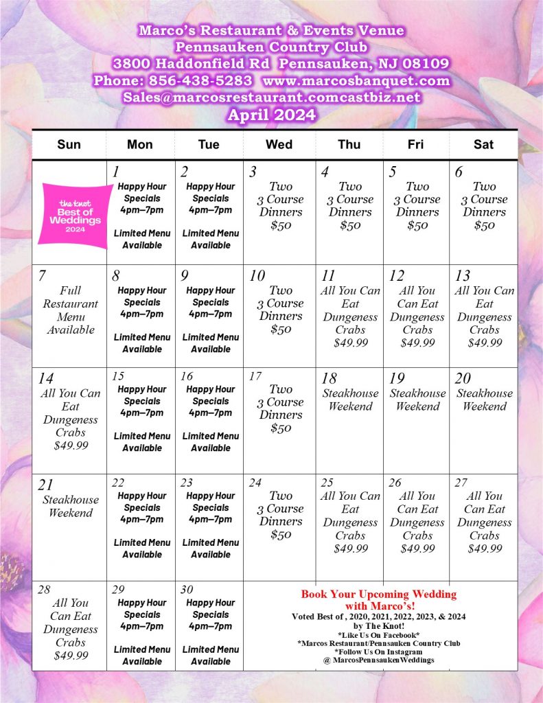 Restaurant Calendars - Marco's Restaurant & Events