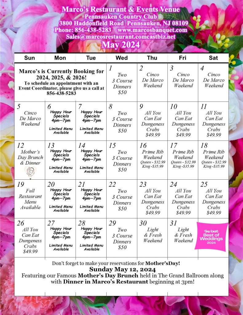 Restaurant Calendars - Marco's Restaurant & Events