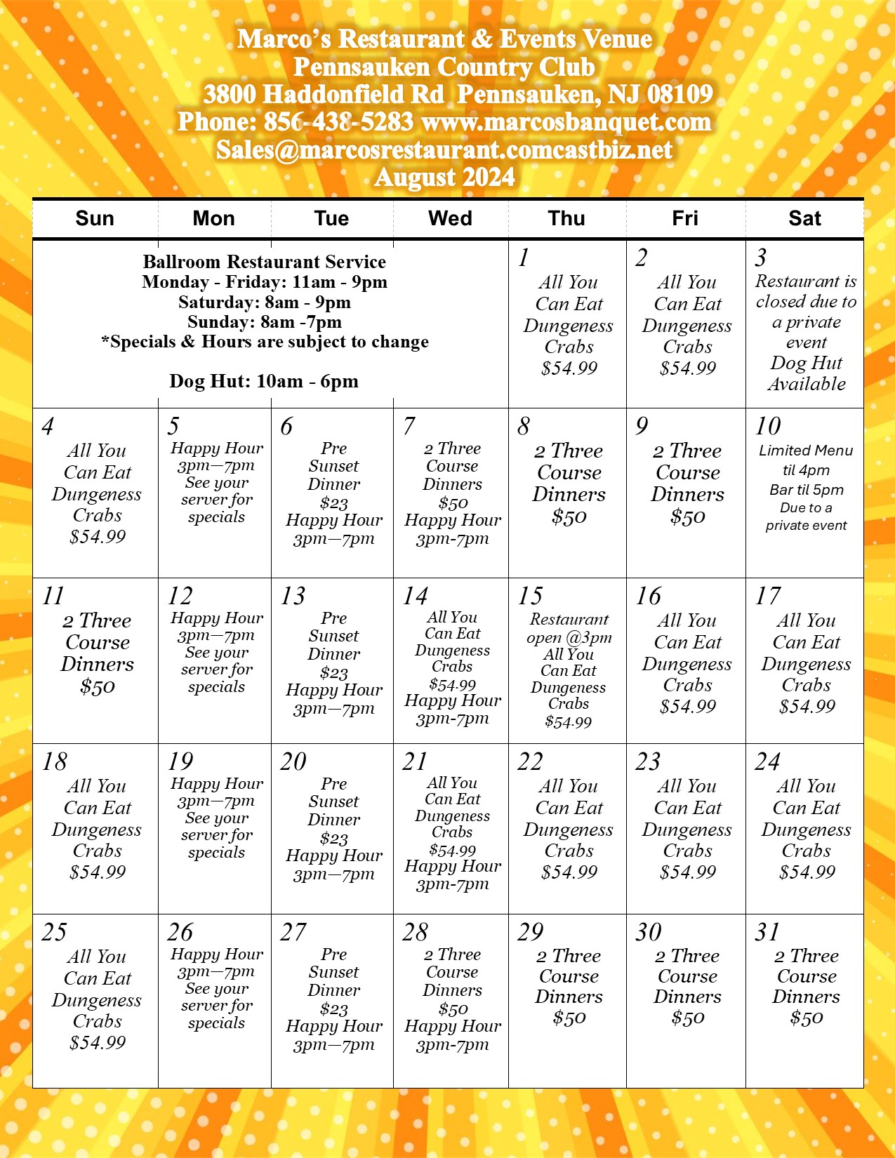 Restaurant Calendars - Marco's Restaurant & Events