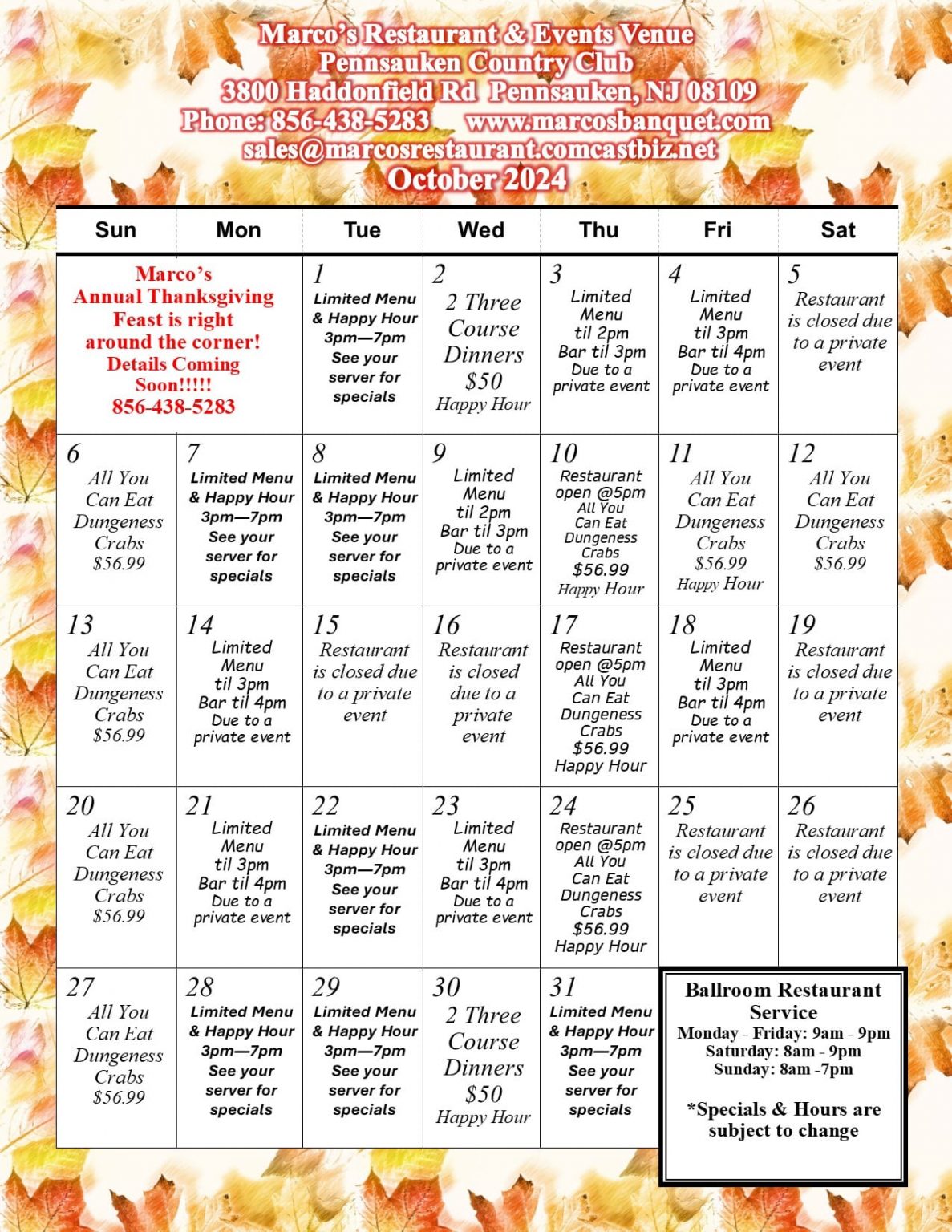 Restaurant Calendars - Marco's Restaurant & Events