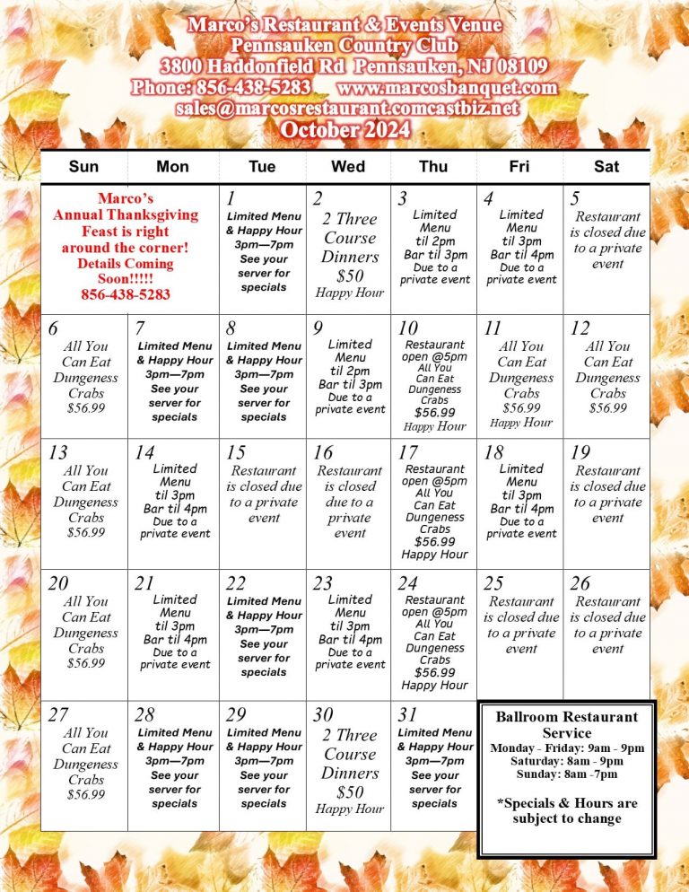 Restaurant Calendars - Marco's Restaurant & Events