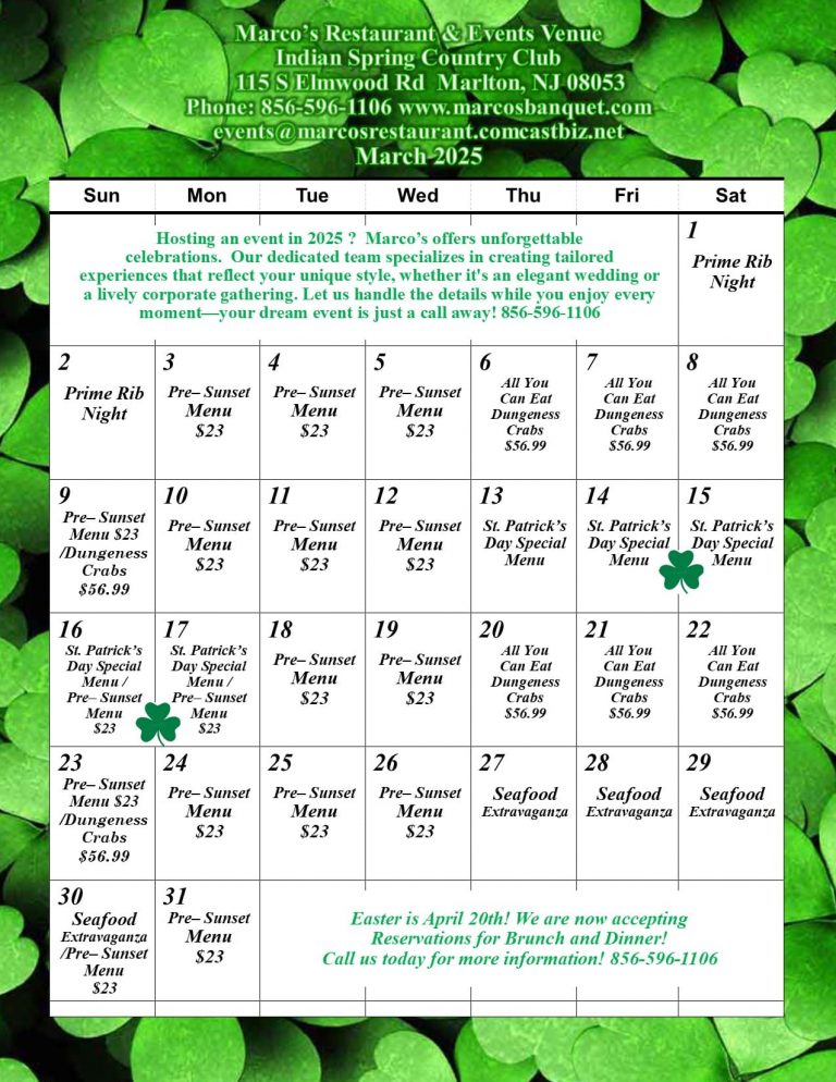 Restaurant Calendars - Marco's Restaurant & Events